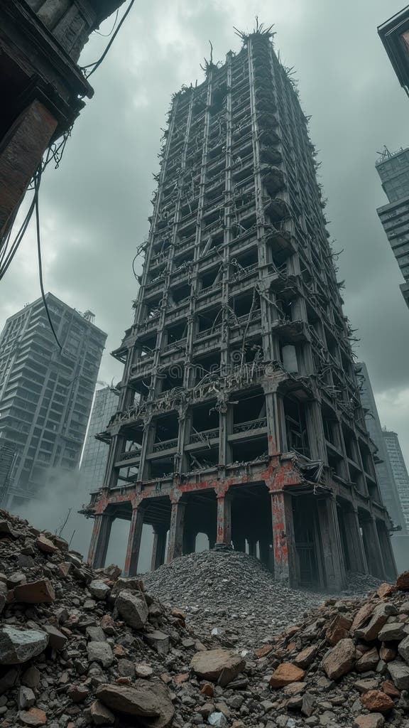 Abandoned Skyscraper in Urban Ruins with Dramatic Overcast Sky Stock ...