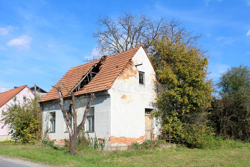Ruins of Small Old Abandoned Suburban Family House with Destroyed Roof ... Ruins of Small Old Abandoned Suburban Family House with Destroyed Roof ...