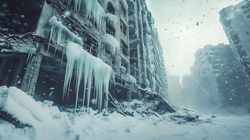 Abandoned Snow-covered Urban Buildings with Icicles in Winter Storm ...