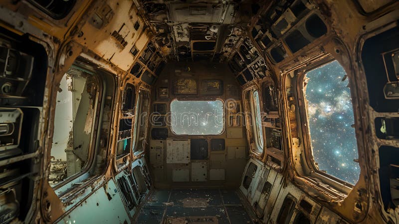 Abandoned Spacecraft Interior with Stunning Galaxy View through Windows ...