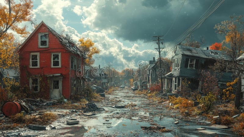 Abandoned Street with Decayed Buildings Shattered Windows and a ...