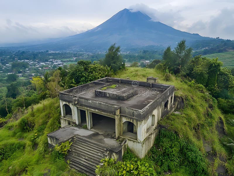 Abandoned Structure with Volcano and Lush Landscape in AI-Generated ...
