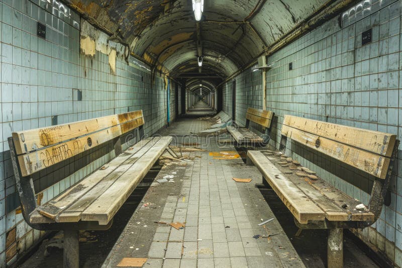 Abandoned Subway Station Interior with Dilapidated Benches and Tiled ...