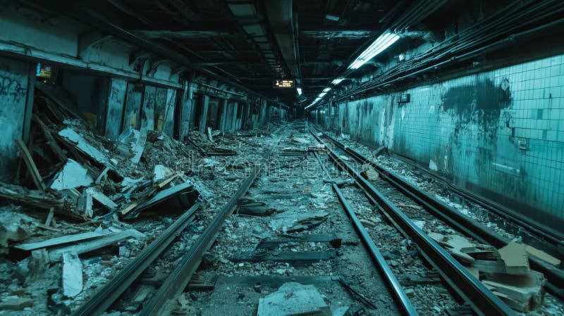 Abandoned Subway Tracks with Debris and Distressed Walls Stock ...