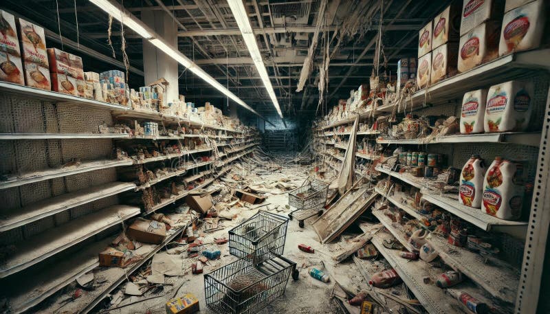 Abandoned Supermarket Aisle with Collapsed Ceiling and Empty Shelves ...