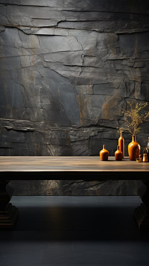 Abandoned Surface, Dark Marble, Ebony Countertop, on Dim Wall Backdrop ...