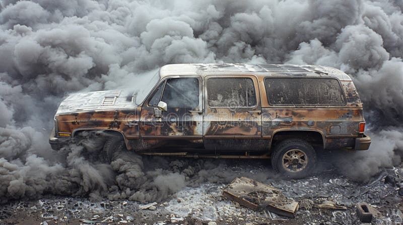 Abandoned Suv in a Remote Location, Engulfed by a Dense Gray Haze of ...