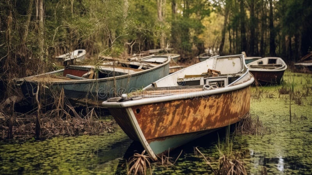 Abandoned Swamp with Rusting Boats Stock Illustration - Illustration of ...