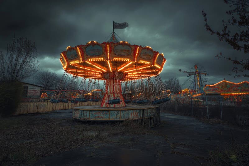 Abandoned Swing Ride with Illuminated Lights Under a Cloudy Sky Stock ...