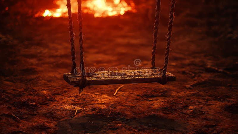 An Abandoned Swing Set in Front of a Burning Fire. Stock Photo - Image ...