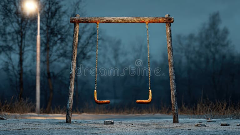 Abandoned Swing Set Under a Streetlight at Dusk in a Desolate ...