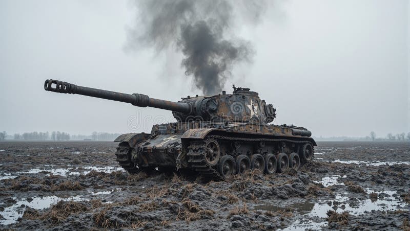 Abandoned Tank in Muddy Field with Smoke Stock Illustration ...