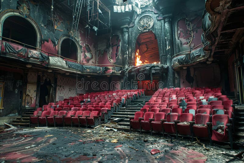 Abandoned Theater with Rows of Seats and a Broken Stage, Filled with ...