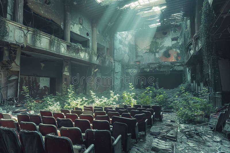 Abandoned Theater with Rows of Seats and a Broken Stage, Generative AI ... Abandoned Theater with Rows of Seats and a Broken Stage, Generative AI ...