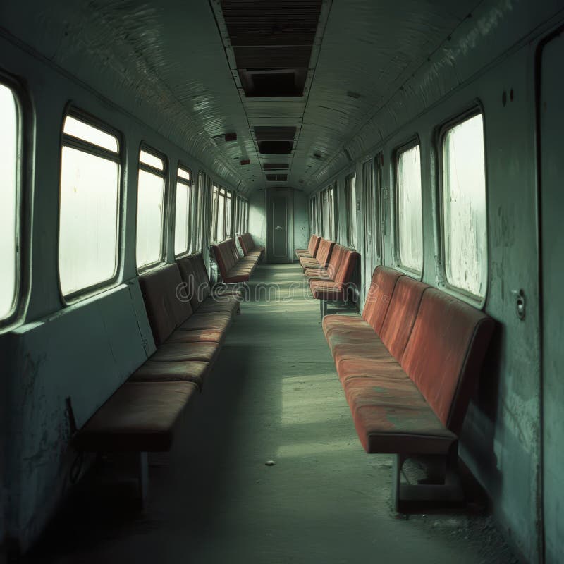 Abandoned Train Carriage Interior Showcasing Worn Red Seats in Dim ...