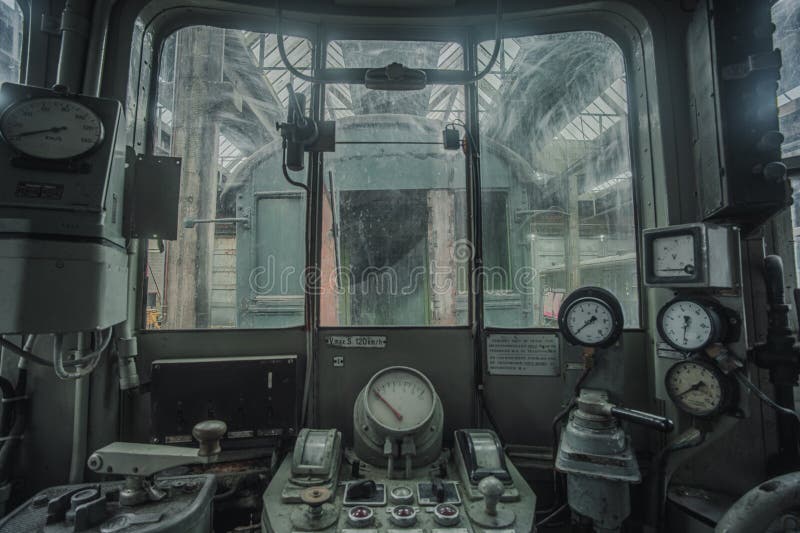 Abandoned Train Cockpit with Dusty Instruments and Broken View Stock ...