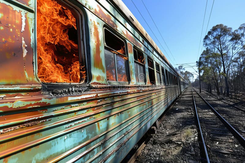 Abandoned Train on Fire in Rural Landscape Capturing Dramatic Scene of ...