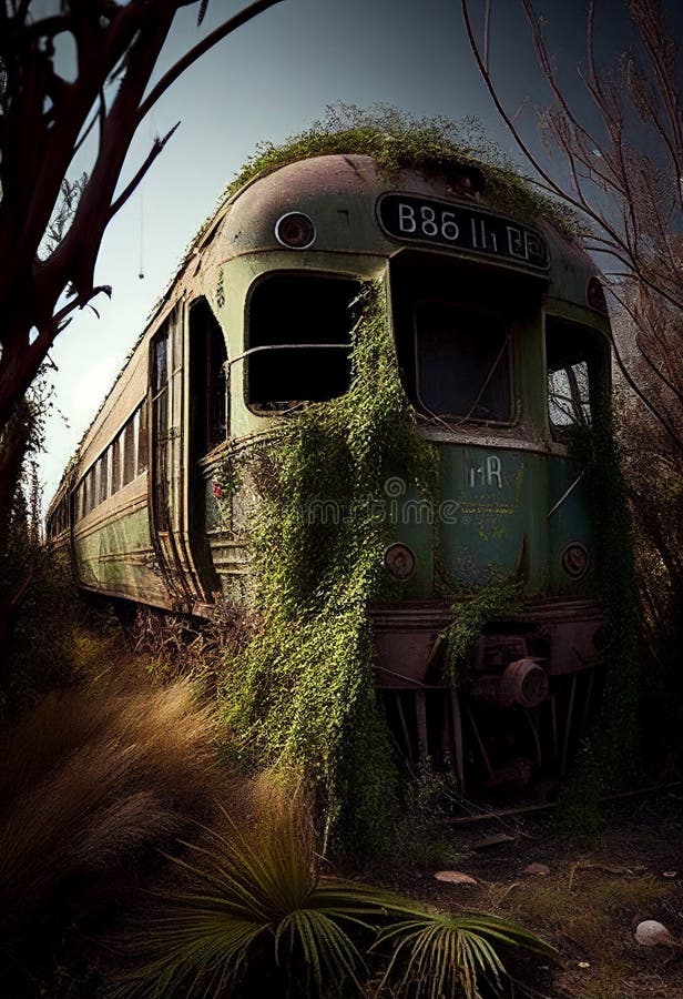 Abandoned Train Overgrown with Plants. AI Generated Stock Illustration ...