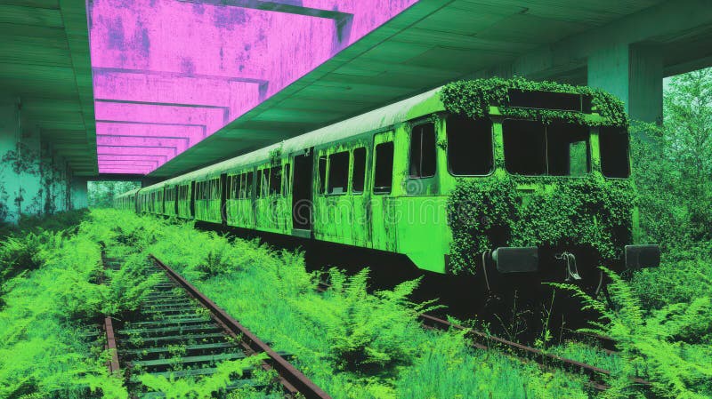 Abandoned Train Overgrown with Vibrant Foliage in Urban Setting Stock ...