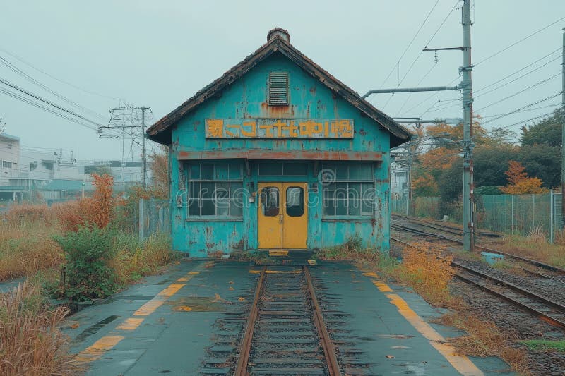 Abandoned Teal Train Station on Overgrown Tracks Stock Illustration ...