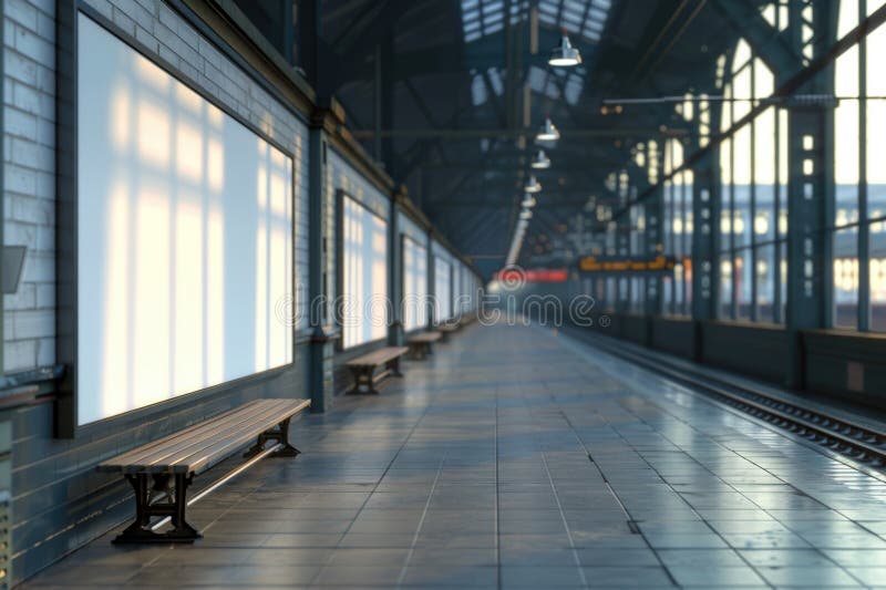 Abandoned Train Station Interior with Rows of Benches and Large Windows ...