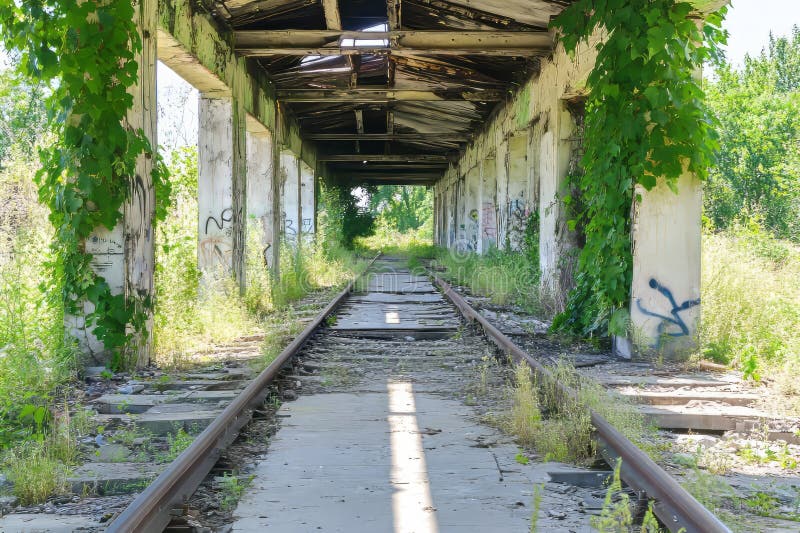 Abandoned Train Station Overgrown with Weeds and Graffiti Stock Photo ...