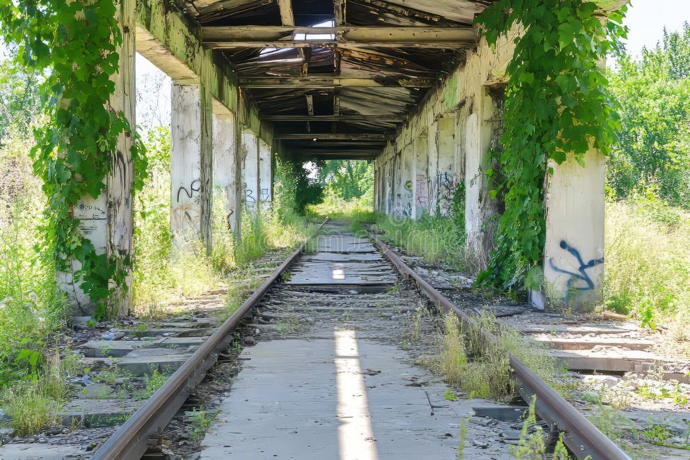 Abandoned Train Station Overgrown with Weeds and Graffiti Stock Photo ...