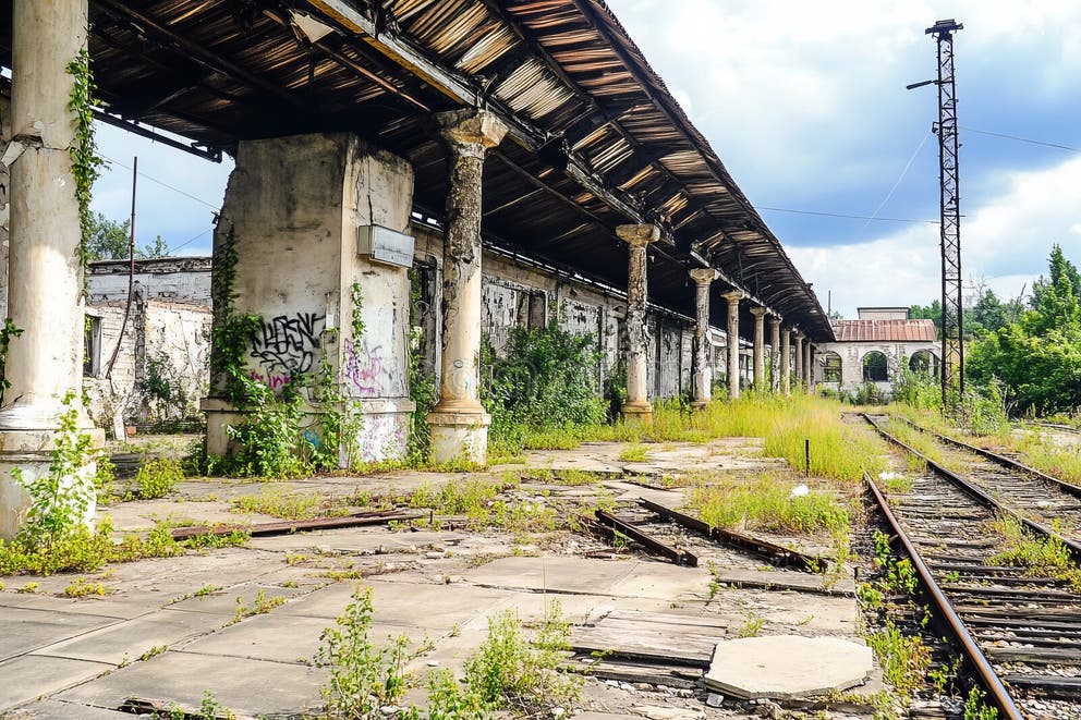 Abandoned Train Station Overgrown with Weeds and Graffiti Stock Photo ...