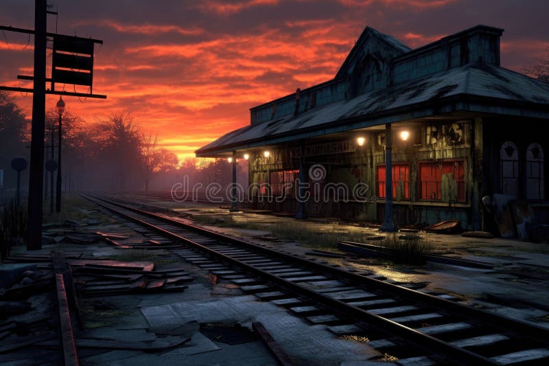 Abandoned Train Station Platform at Dusk Stock Illustration ...
