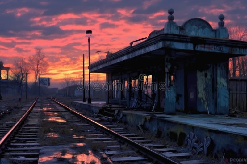 Abandoned Train Station Platform at Dusk Stock Illustration ...