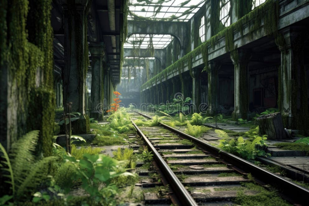 Abandoned Train Station Platform with Overgrown Tracks Stock ...
