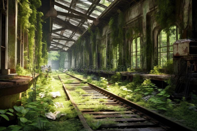Abandoned Train Station Platform with Overgrown Tracks Stock ...