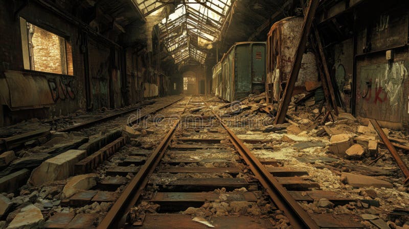Abandoned Train Tracks in a Crumbling Building Stock Illustration ...