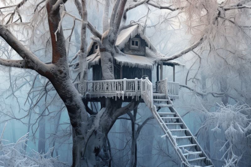 Abandoned Treehouse Seen through Frosty Branches Stock Photo - Image of ...