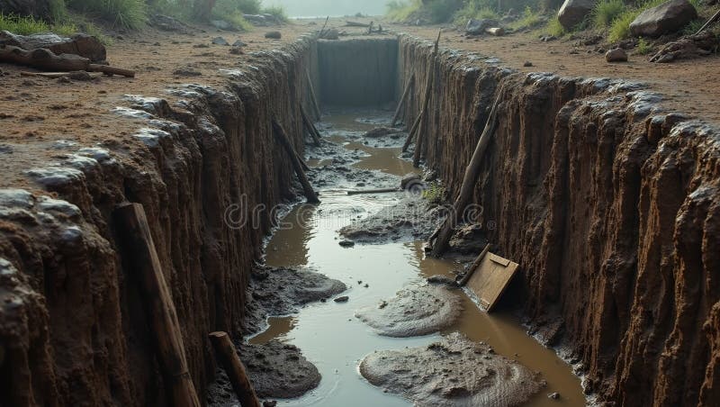 Abandoned Trench with Water Mud and Broken Boards Post Battle Stock ...
