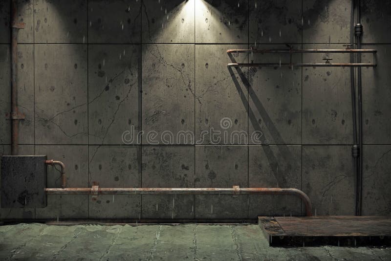 Old Dirty Cellar Flooded from a Pipe Break. 3d Rendering Stock ...