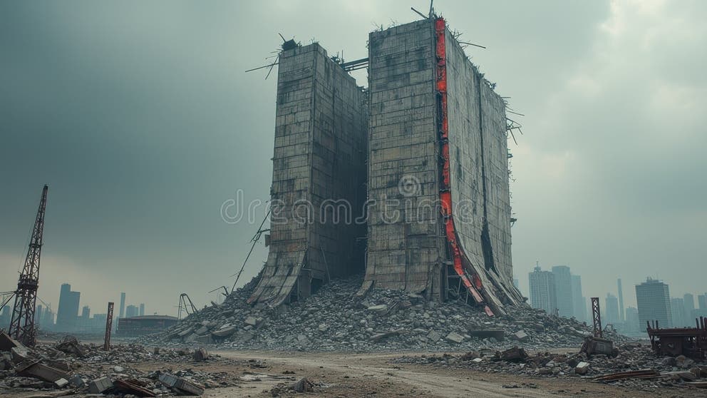 Abandoned Urban Construction Site with Partially Demolished Skyscraper ...