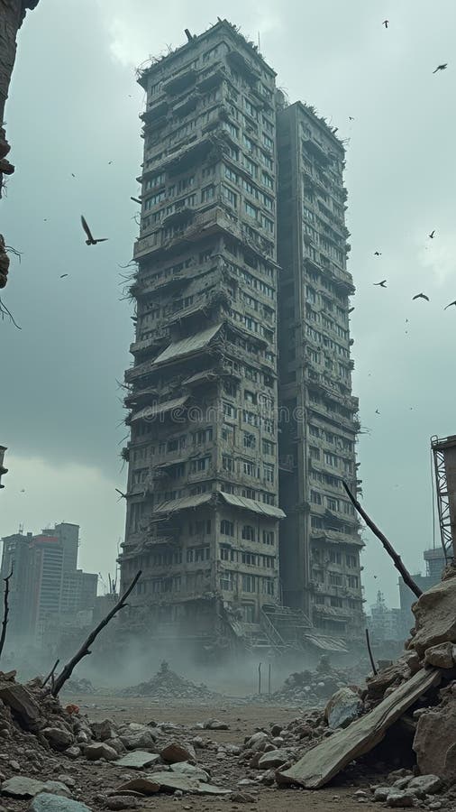 Abandoned Urban High-rise Amidst Ruins and Overcast Sky in Dystopian ...