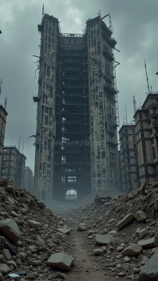 Abandoned Urban Ruin with Decaying Skyscraper and Rubble Pathway Stock ...