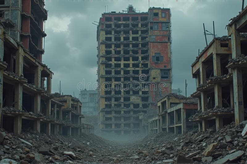 Abandoned Urban Ruins with Derelict Buildings and Cloudy Sky Stock ...