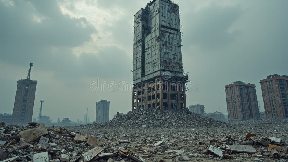 Abandoned Urban Skyscraper Amidst Rubble in Decrepit Cityscape Stock ...