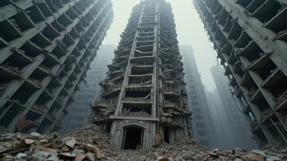 Abandoned Urban Skyscraper Amidst Surrounding Ruins and Debris Stock ...