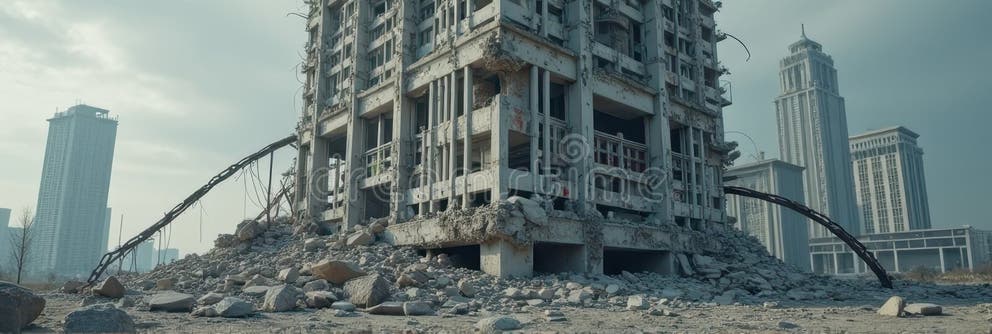 Abandoned Urban Skyscraper Ruin in Desolate Cityscape with Crumbling ...