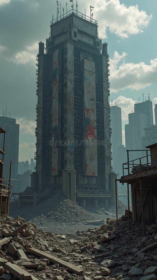 Abandoned Urban Tower Amidst Rubble with Dramatic Cloudy Sky Stock ...