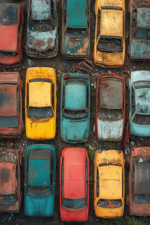 Abandoned Vehicles in a Scrapyard Showcasing a Variety of Colors and ...