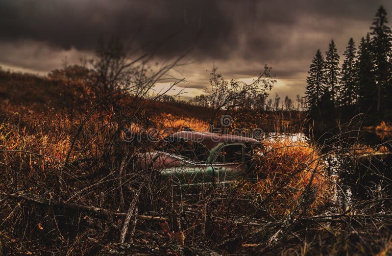 Abandoned Vintage Car stock photo. Image of fall, abandoned - 58802680