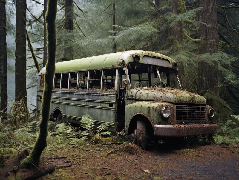 Abandoned Vintage School Bus Rusting Away in Dense Forest. Stock ...
