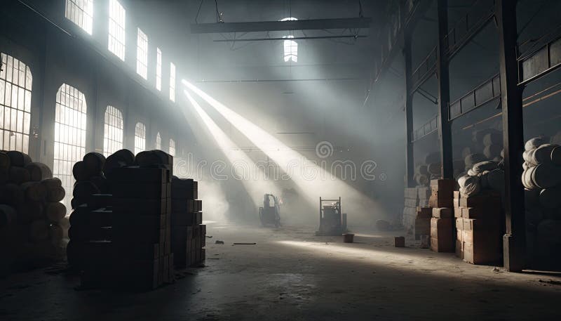 Abandoned Warehouse with Dramatic Smoke and Light Streaming through the ...