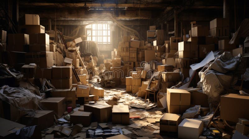 Abandoned Warehouse Filled with Boxes and Debris Illuminated by ...