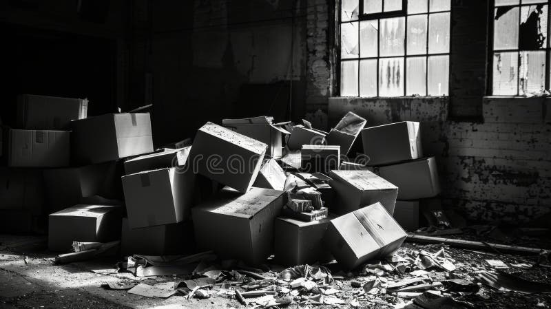 Abandoned Warehouse with Piles of Cardboard Boxes, Generative AI Stock ...